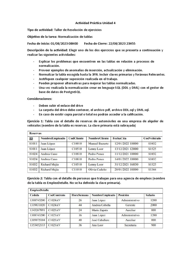 Taller: Normalización de Tablas SQL | PDF