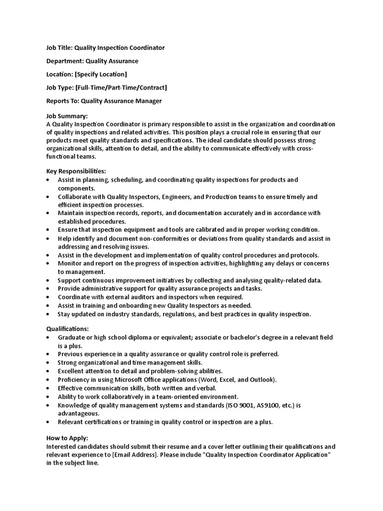 Job Description - Quality Inspection Coordinator | PDF