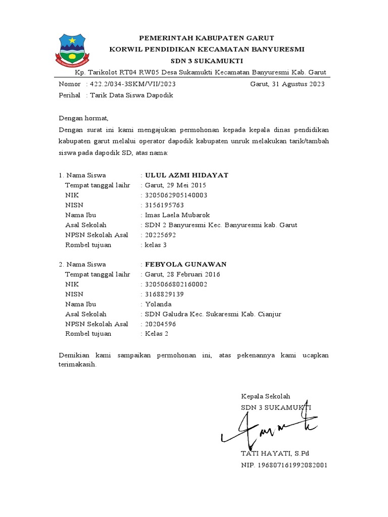 surat permohonan tarik siswa | PDF