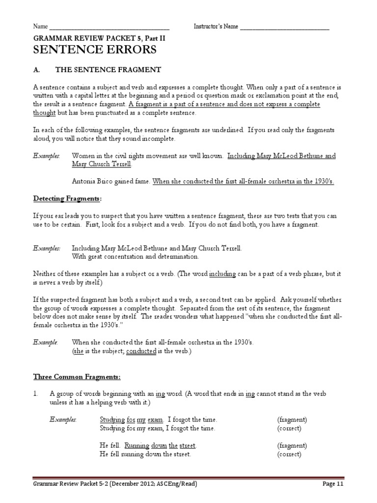 Grammar Review Packet 5-2 Sentence Errors | PDF | Language Arts & Discipline