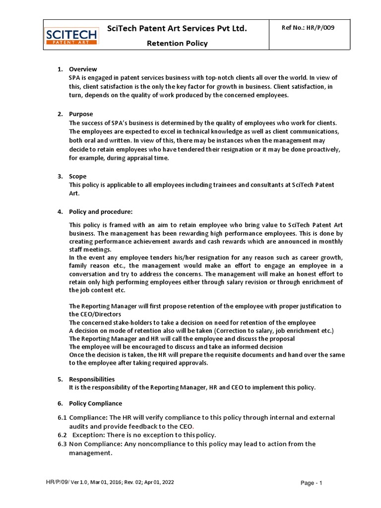 HR P 009 - Retention Policy 2016 | PDF | Employee Retention | Employment