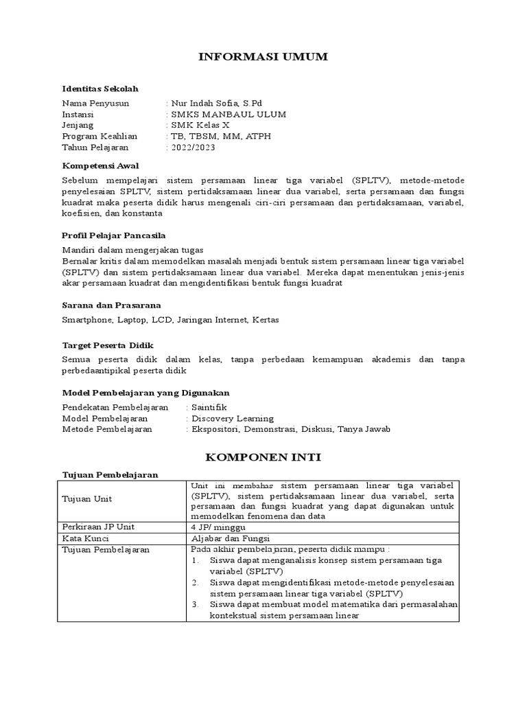MODUL AJAR MATEMATIKA SMK KELAS X FASE E | PDF