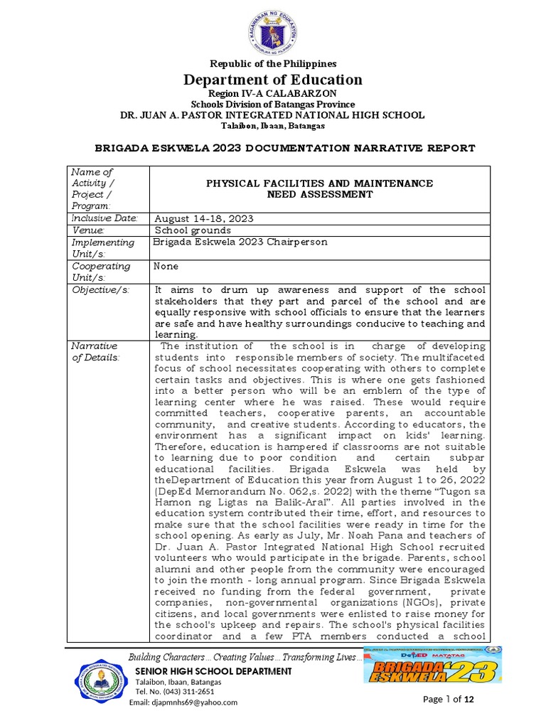 BE 2023 Narrative Report | PDF | Teachers | Learning