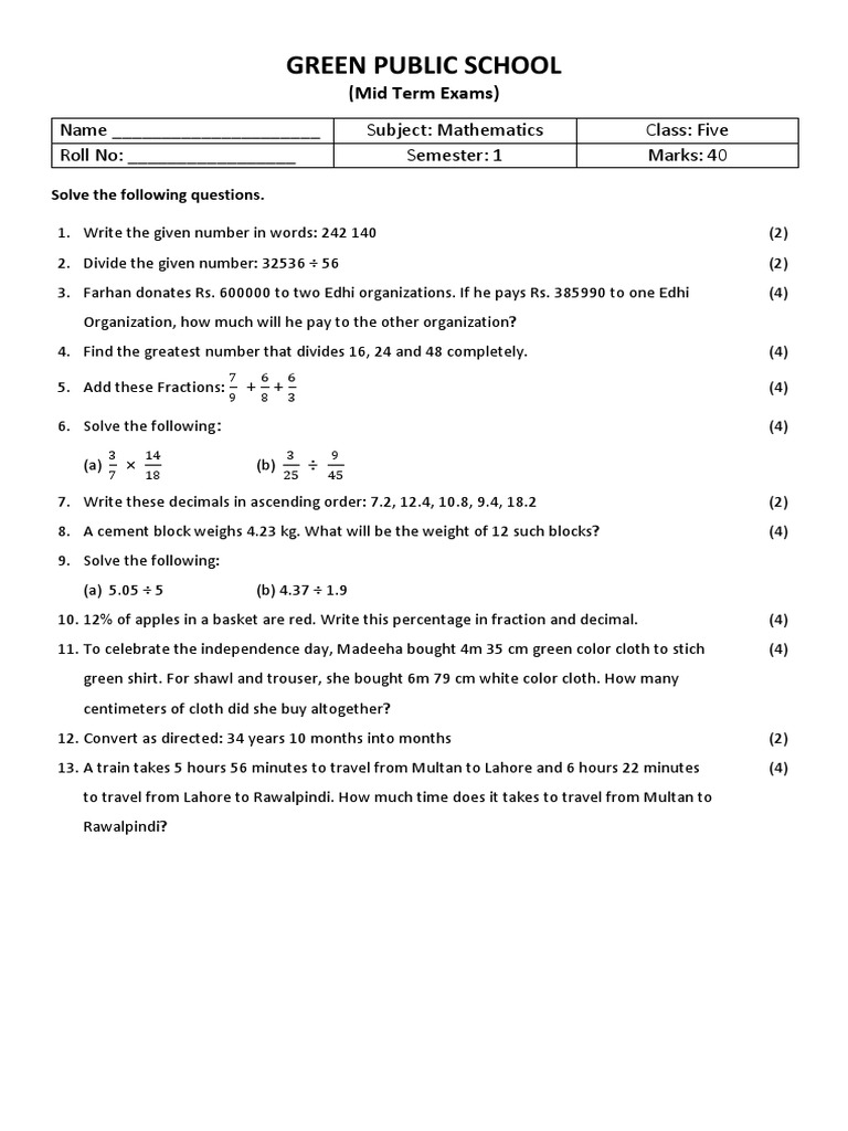 Class 5 Mathematics Mid Term Exam | PDF
