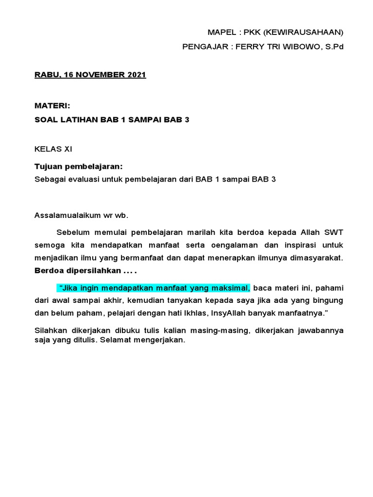 Latihan Soal Bab 1 Sampai Bab 3 PKK Kelas Xi | PDF | Karier & Perkembangan