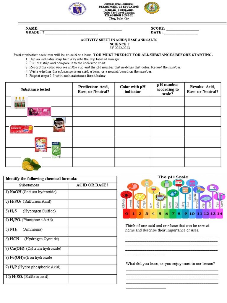 Activity Sheet Acids Base and Salt | PDF | Science & Mathematics