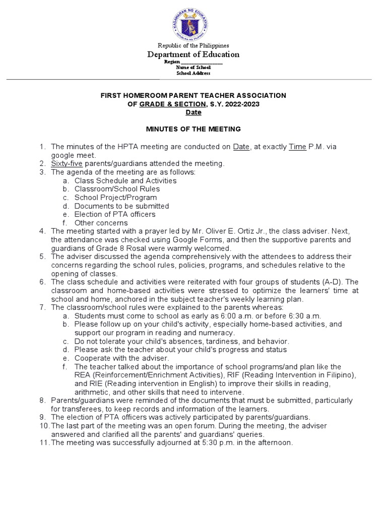 First HPTA Meeting Minutes 2022-2023 | PDF | Social Science