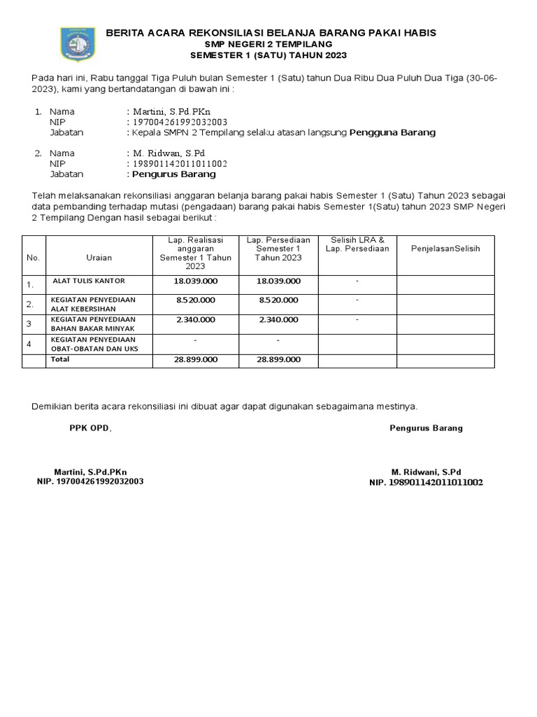 Format Ba Rekon Laporan Persediaan S2 Semester 1 2022 | PDF