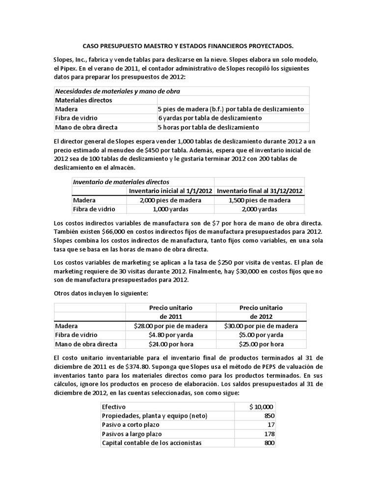 Caso Presupuesto Maestro y Estados Financieros Proyectados2 | PDF | Presupuesto | Economias