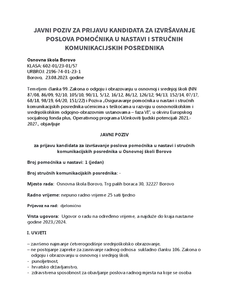 Javni Poziv-Pomocnik U Nastavi 2023-2024 | PDF