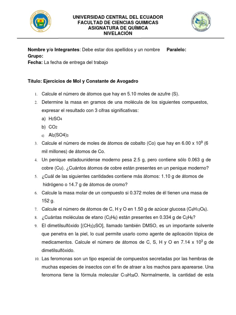 Taller 4 Ejercicios de Mol y Constante de Avogadro | PDF | Mole (Unidad ...