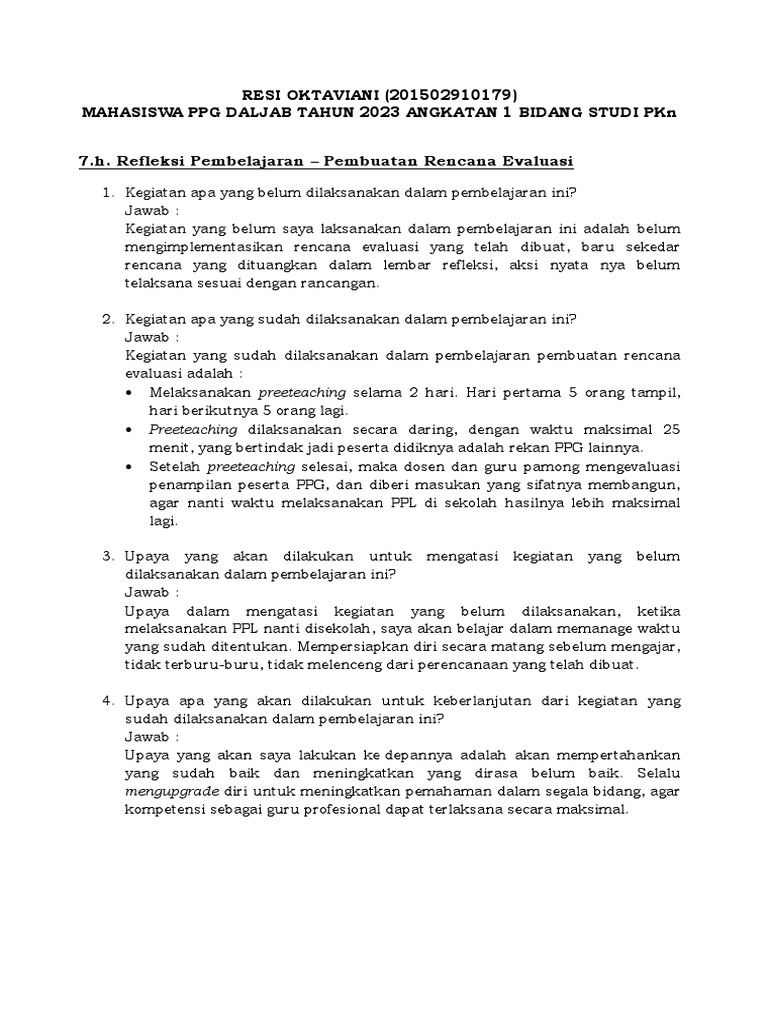 7.h. Refleksi Pembelajaran - Pembuatan Rencana Evaluasi | PDF | Karier & Perkembangan | Bisnis