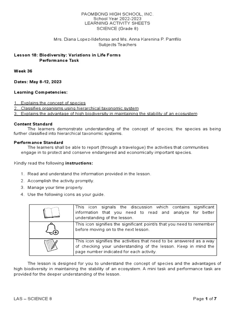 Grade 8 Science: Biodiversity Lesson | PDF | Taxonomy (Biology) | Species