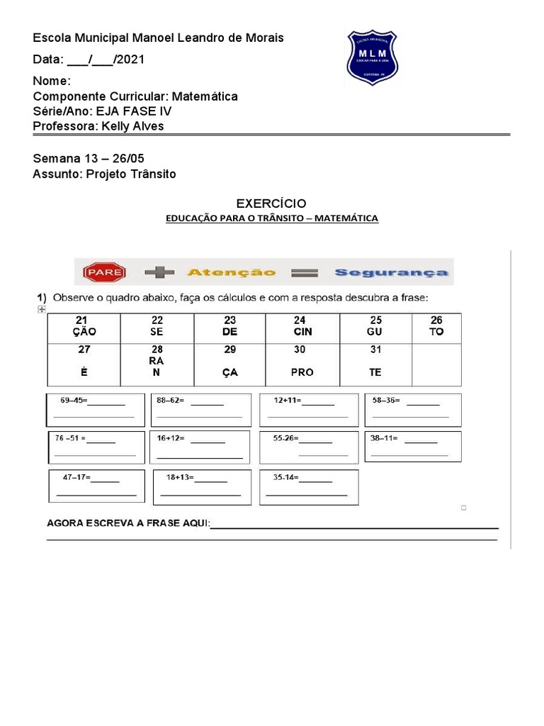 Atividade Sem 13 - EJA 4 - 26MAI - Trânsito | PDF