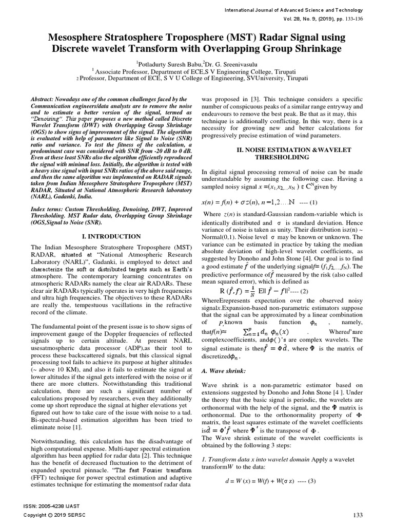 Mesosphere Stratosphere Troposphere (MST) Radar Signal Using DWT With OGS | PDF | Wavelet ...