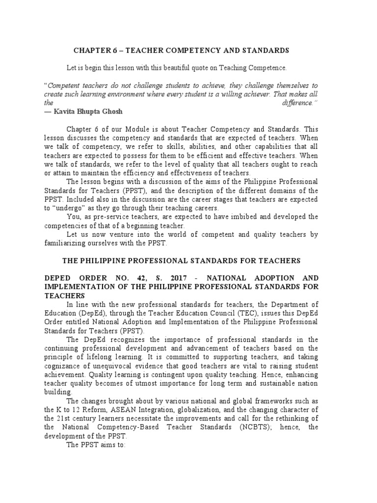 Chapter 6 Teacher Competency and Standards | PDF | Learning | Teachers