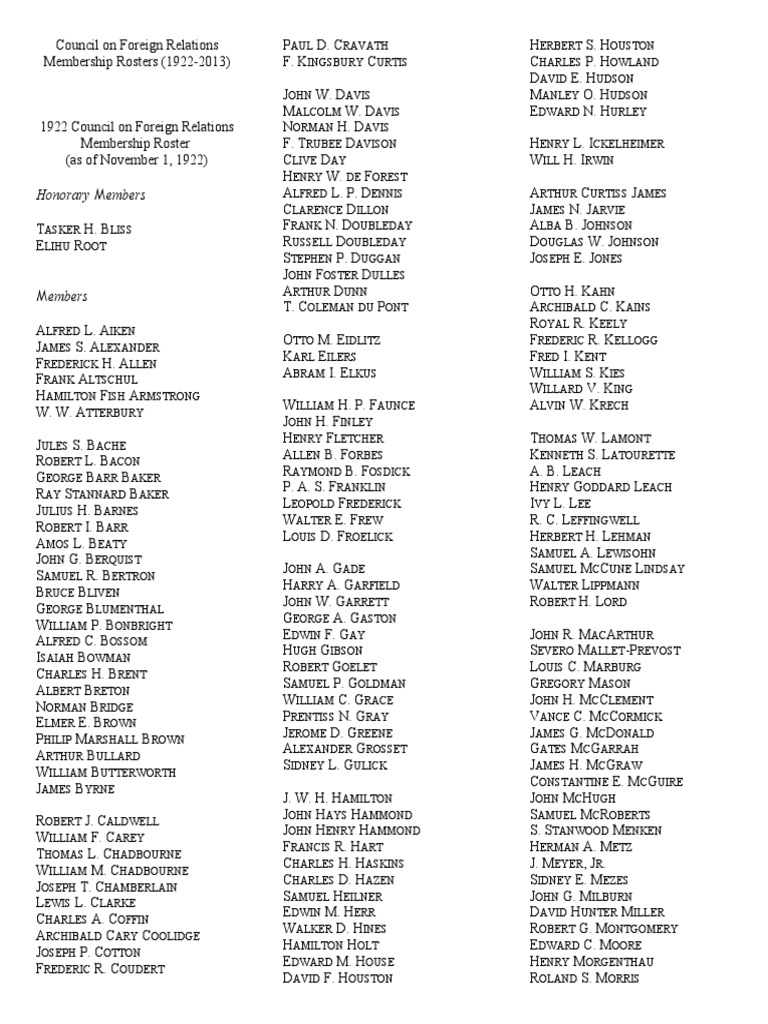 Council On Foreign Relations Membership Roster (1922-2013) | PDF