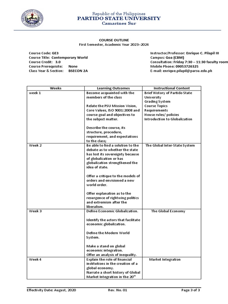 Course Outline GE3 | PDF | Globalization | Demography