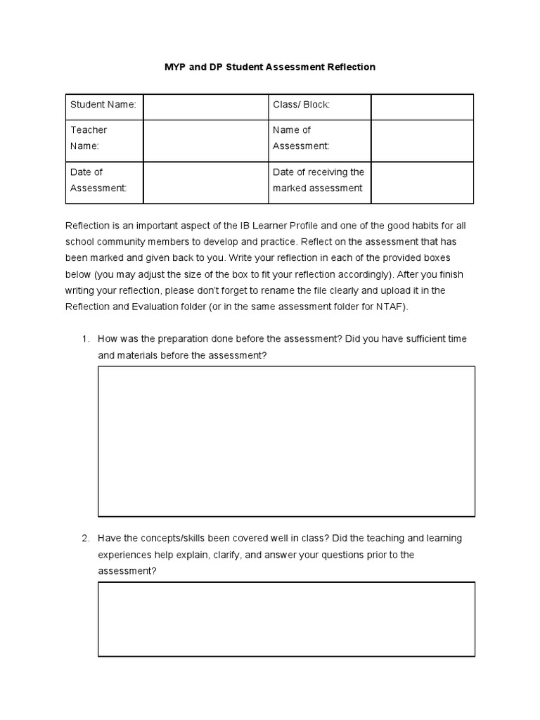 Myp And Dp Student Assessment Reflection Pdf