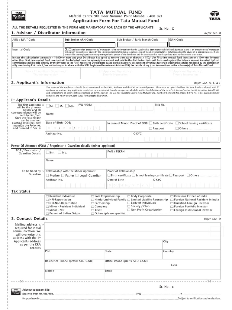 TATAMF - Common Application Form (DEC 2017) | PDF | Cheque | Debit Card