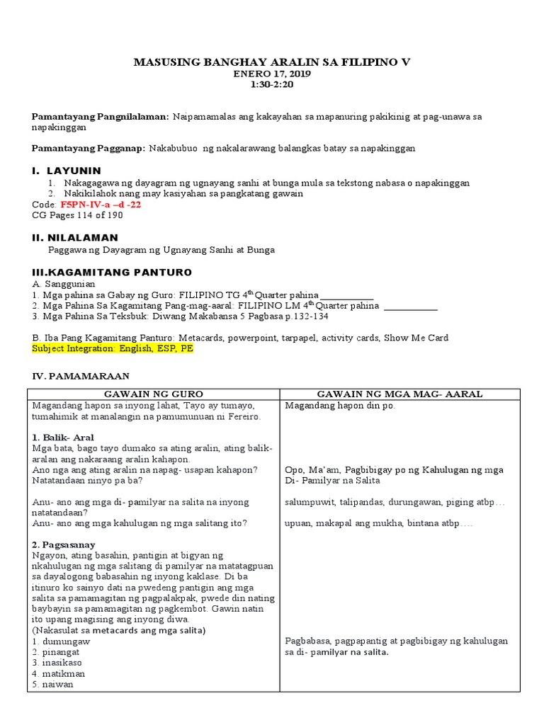 Masusing Banghay Aralin Sa Filipino V | PDF