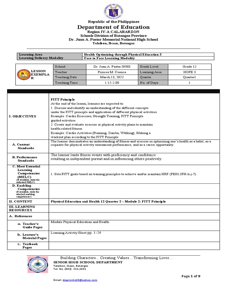 Cot 1 Shs Djapmnhs - Lesson Exemplar Cuenca, Princes | PDF | Physical Fitness | Learning