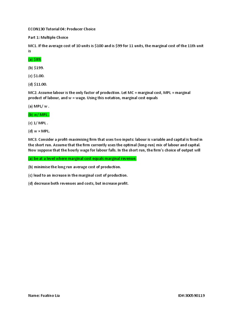 ECON130 Tutorial 04 | PDF | Marginal Cost | Labour Economics ECON130 Tutorial 04 | PDF | Marginal Cost | Labour Economics