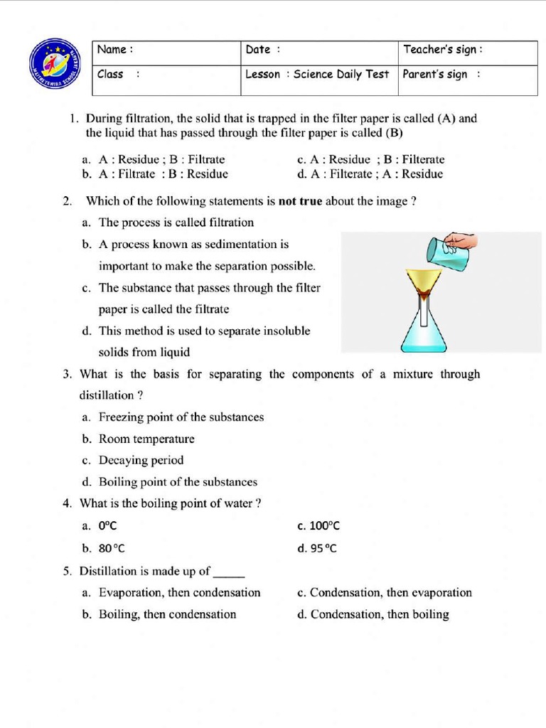 Separation Techniques Worksheet Form 2 | PDF