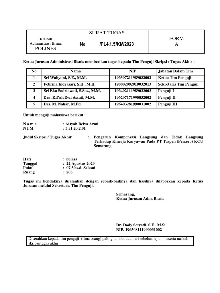 Form Surat Tugas Penguji 2023 | PDF