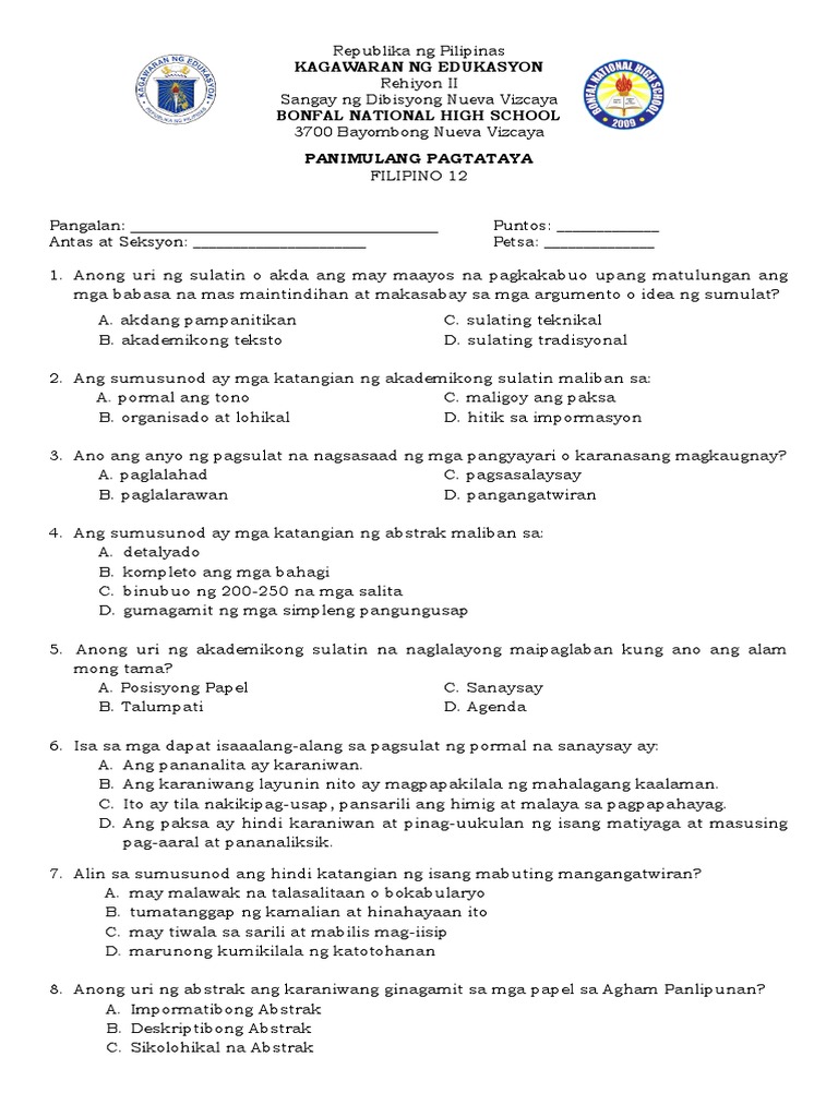 Pre-Test Filipino Sa Piling Larang | PDF Pre-Test Filipino Sa Piling Larang | PDF