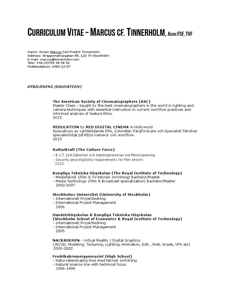 Marcus CF Tinnerholm CV 2022 Nov Work in Progress | PDF