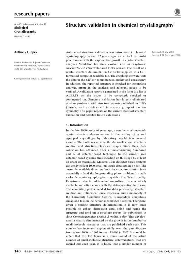 Research Papers Structure Validation in Chemical Crystallography | PDF ...