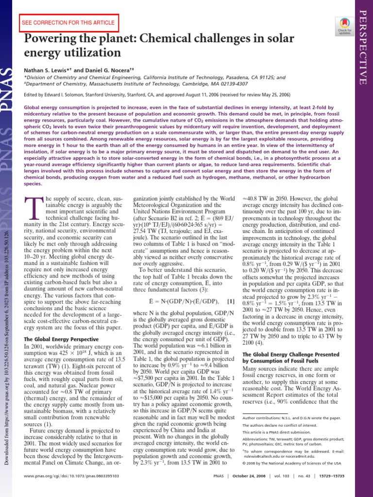 Powering The Planet: Chemical Challenges in Solar Energy Utilization | PDF | Carbon Dioxide In ...