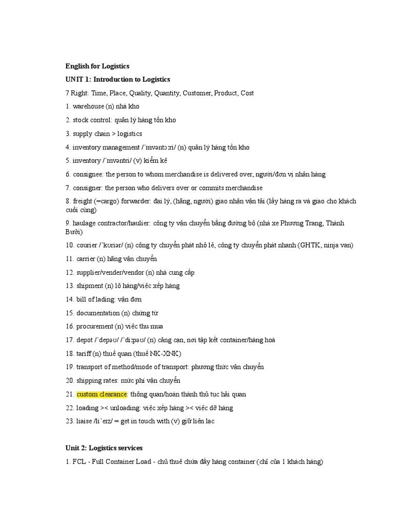 Logistics Vocabulary (Reference) | PDF