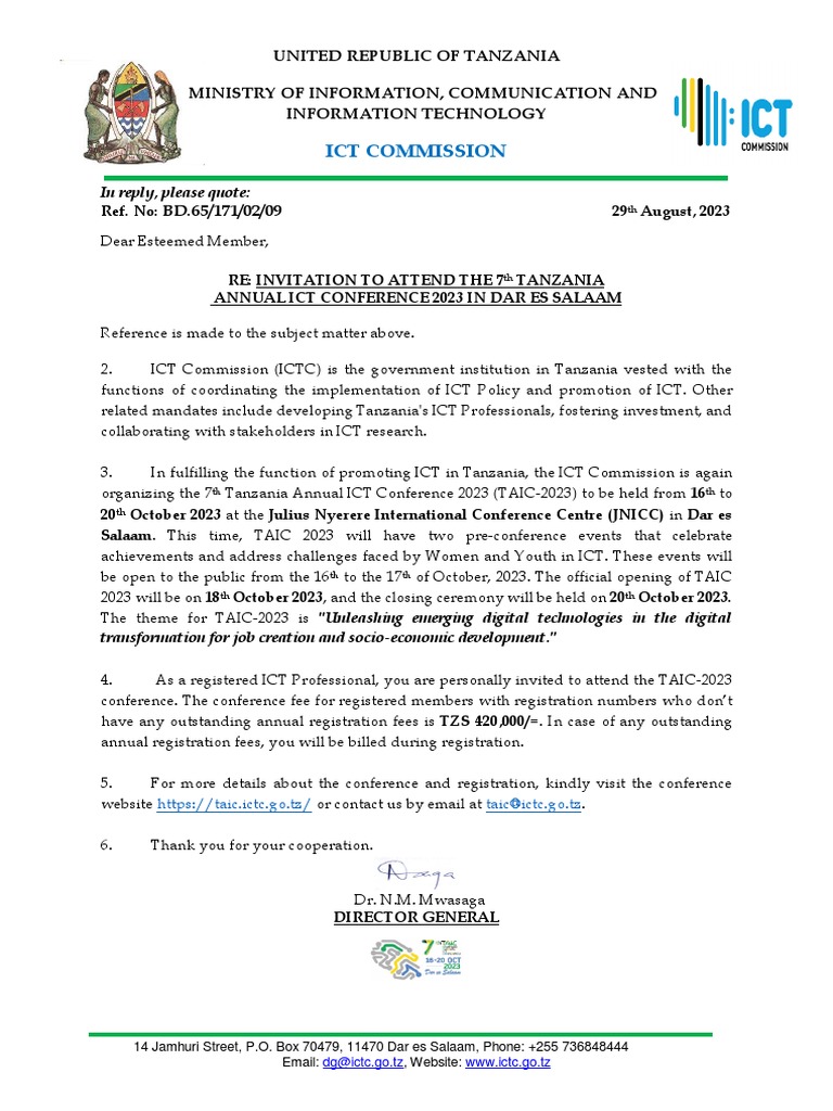 Taic 2023 Invitation Letter For Registered Ict Professional | PDF