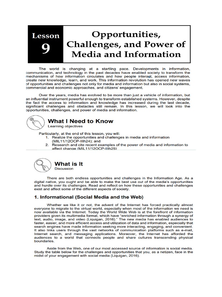 Module of Opportunities Challenges and Power of Media and Information | PDF