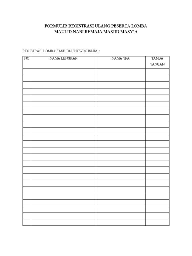 Formulir Registrasi Ulang Peserta Lomba 1 | PDF