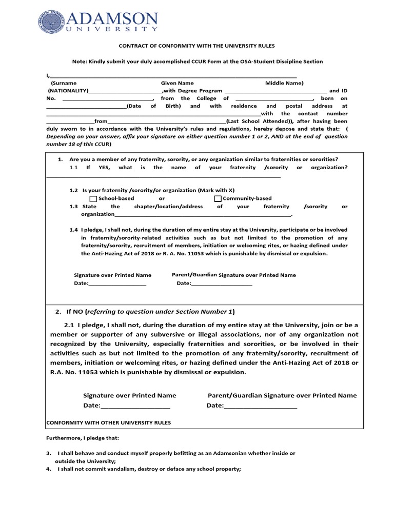 Adamson University Conformity Contract | PDF | Fraternities And ...