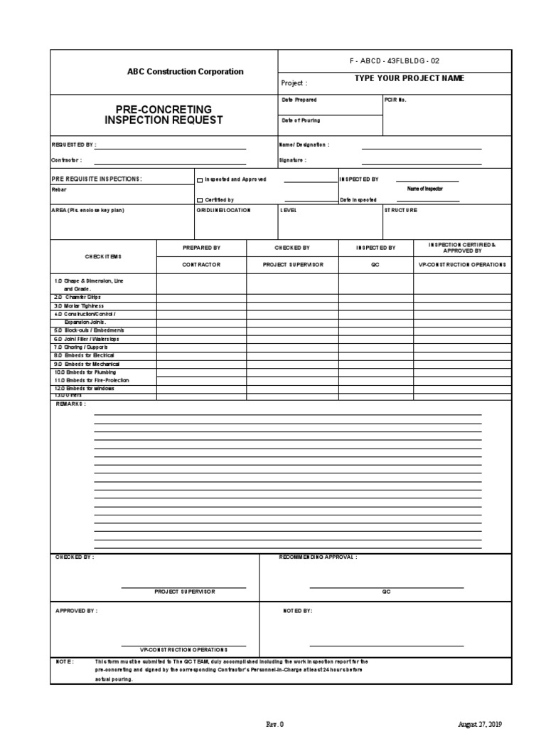 02 Pre Concreting Inspection Request | PDF