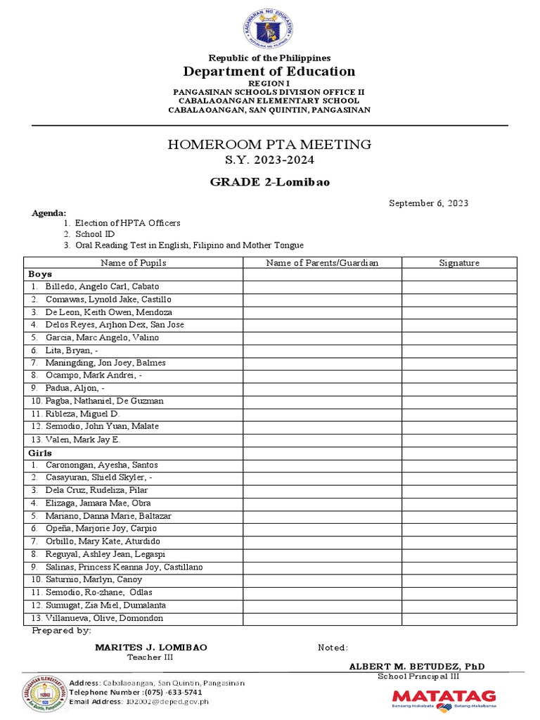 Attendance Pta Meeting 2023 Official Format | PDF