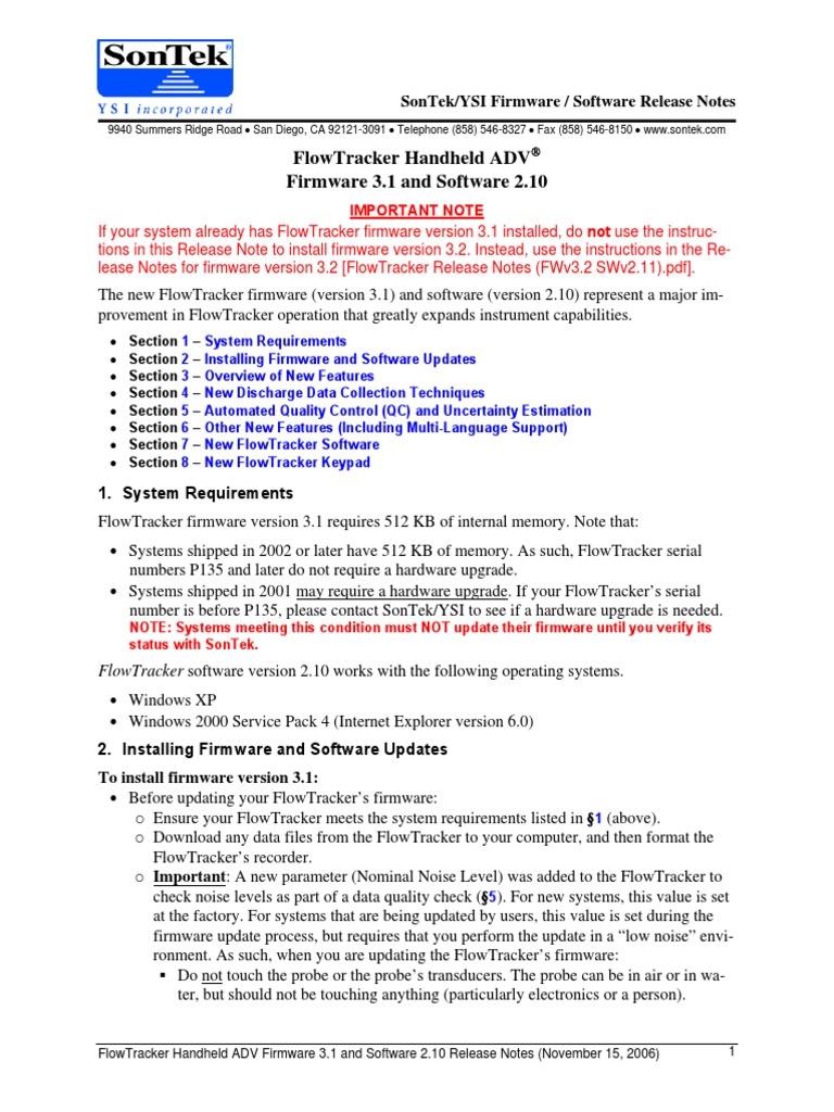 FlowTracker Release Notes (FWv3.1 SWv2.10) | PDF