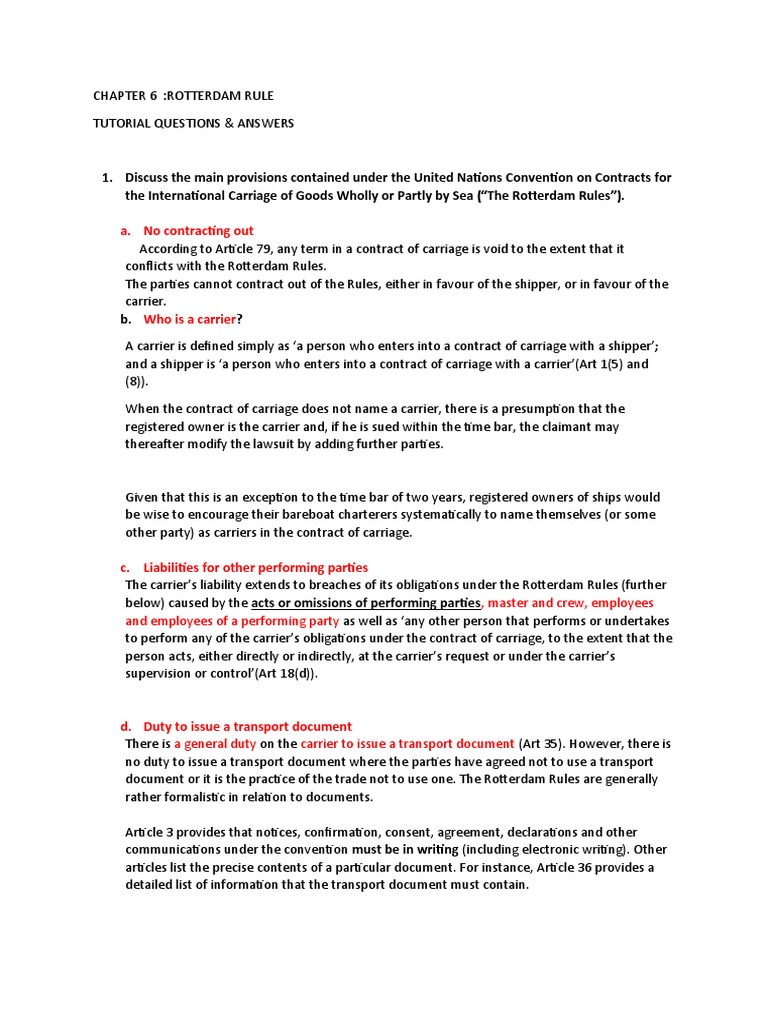 Chapter 6 - Tutorial Questions & Answer - Rotterdam Rule | PDF | Legal Liability | Cargo