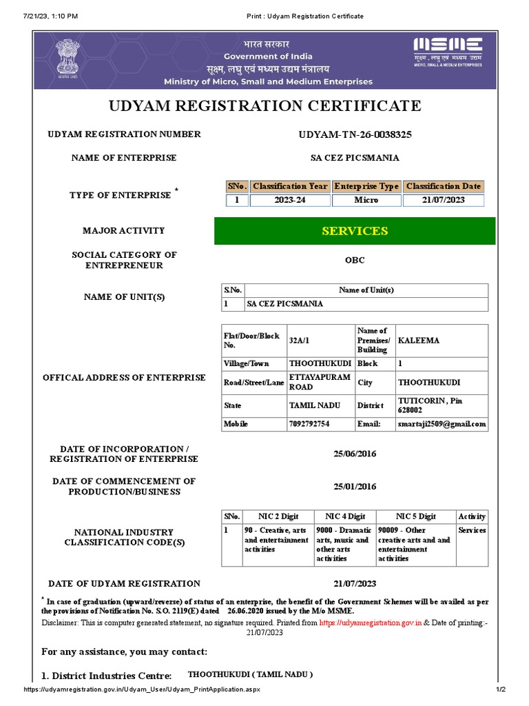 Print - Udyam Registration Certificate | PDF | Computing