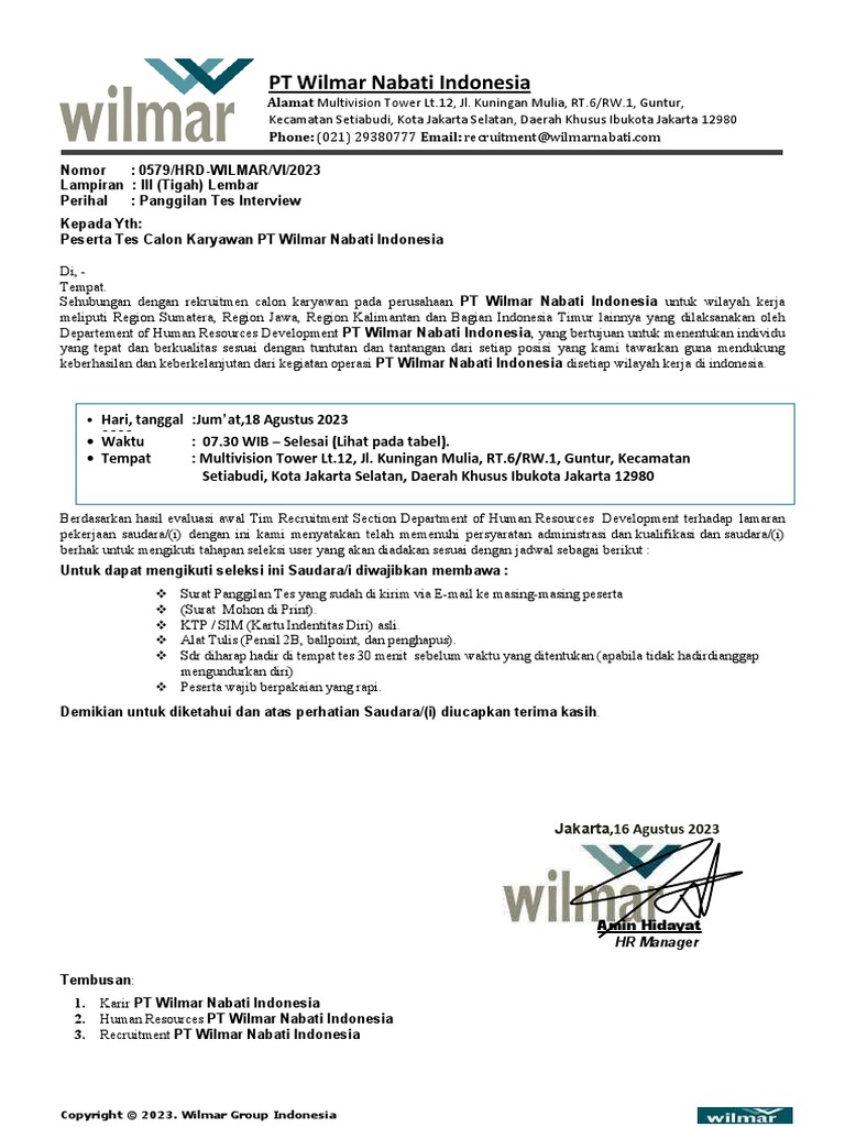 FIle Undangan Interview PT Wilmar Nabati Indonesia | PDF