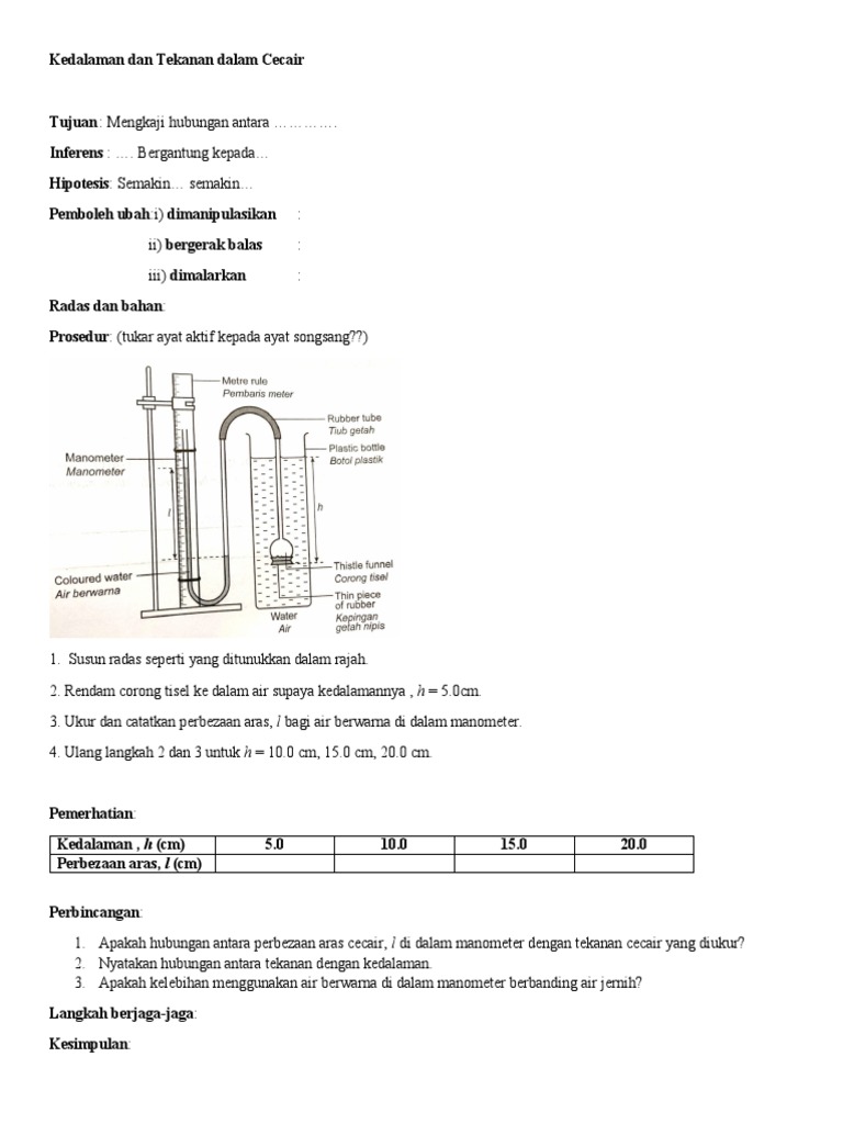 Eksperimen Kedalaman Dan Tekanan Dalam Cecair | PDF