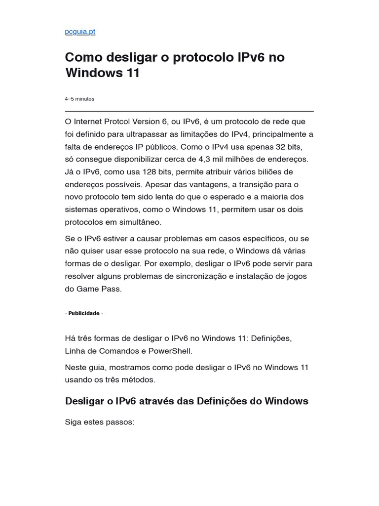 Como Desligar o Protocolo IPv6 No Windows 11 | PDF | Protocolos da internet | I Pv6