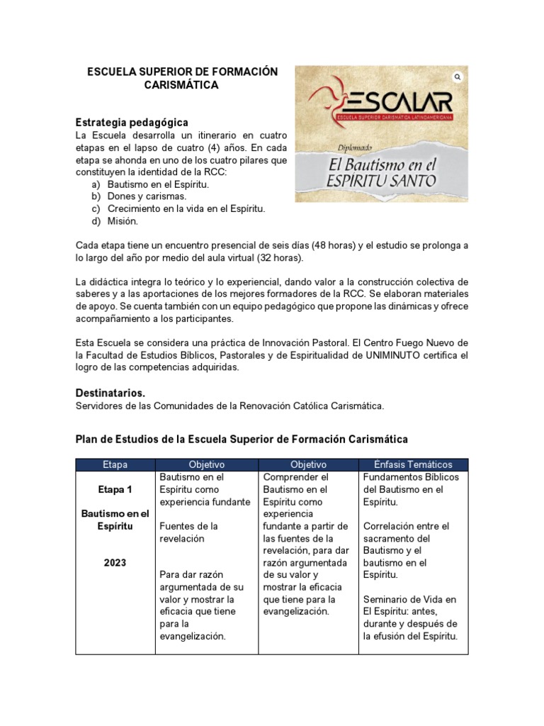 Plan de Estudios de La Escuela Superior de Formación Carismática | PDF | Espiritualidad | Carisma
