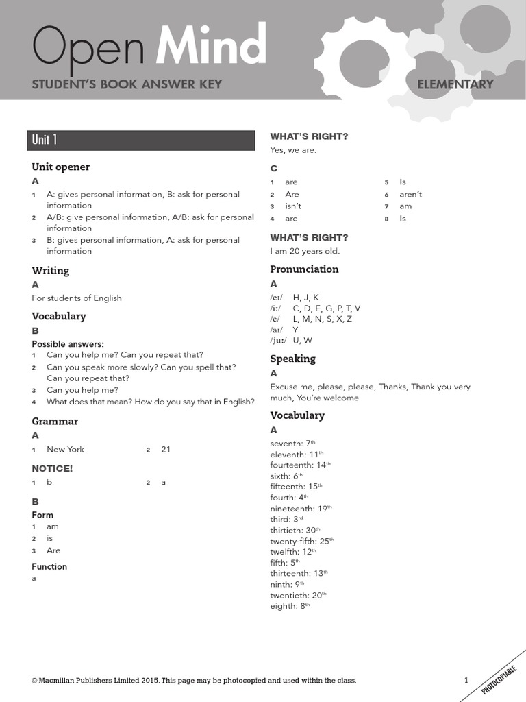 Open Mind Elementary Unit 1 Student's Book Answer Key | PDF | Linguistics