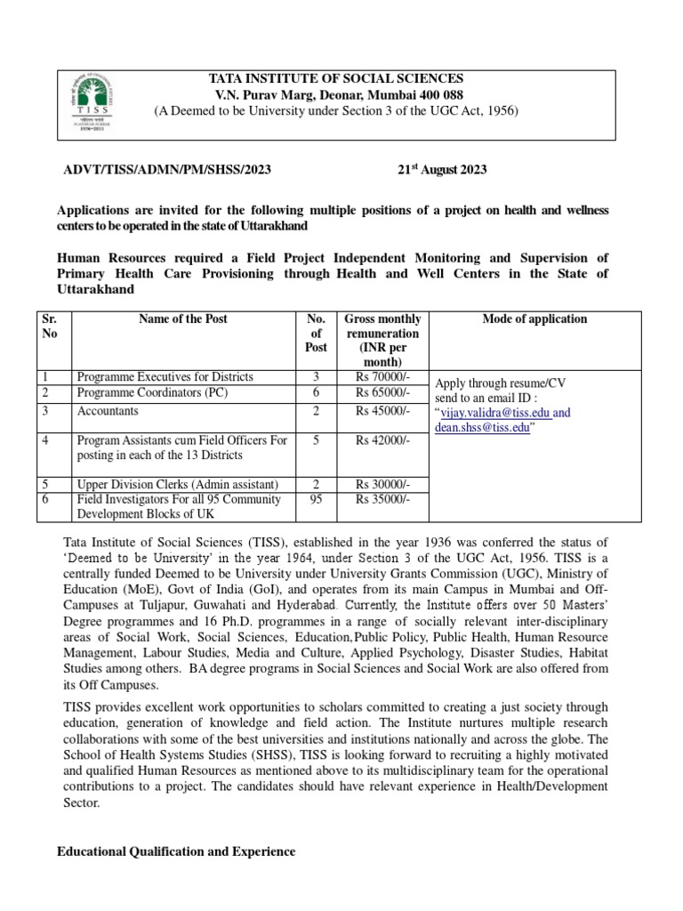 Notification TISS Field Investigator and Other Posts | PDF
