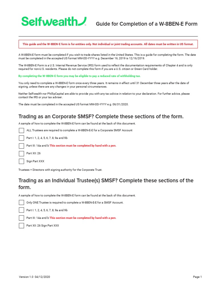 W-8BEN-E Form Completion Guide | PDF | Trust Law | Signature
